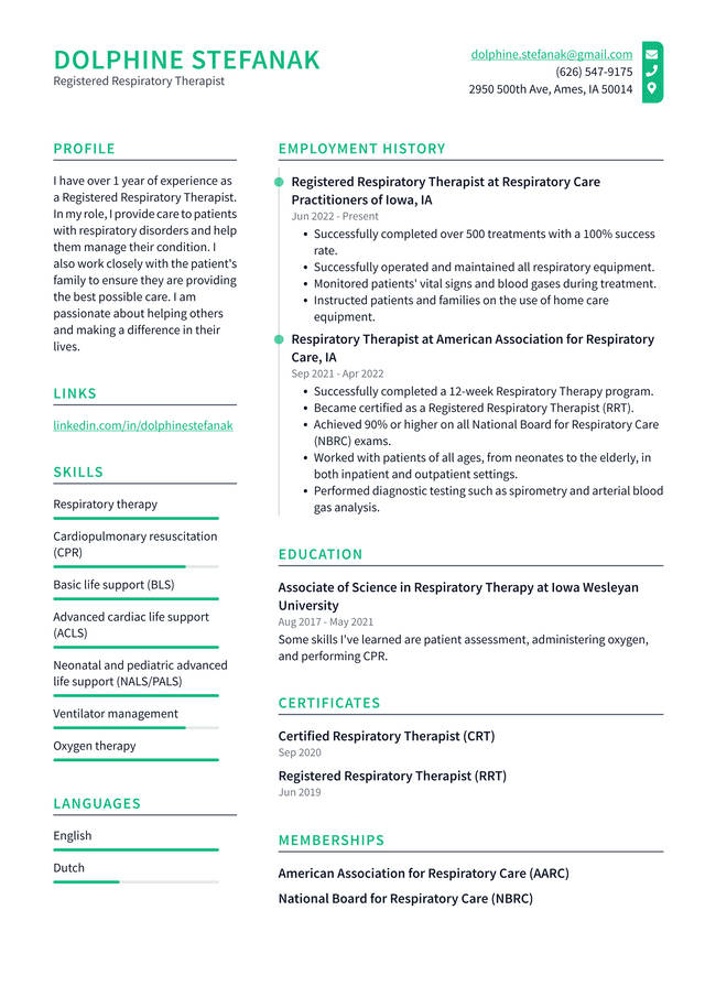 Respiratory Therapist Resume Example and Writing Guide