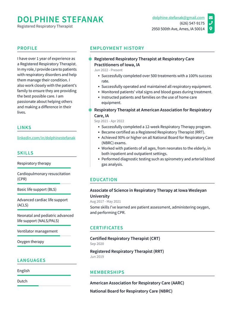 Respiratory Therapist Resume Example and Writing Guide