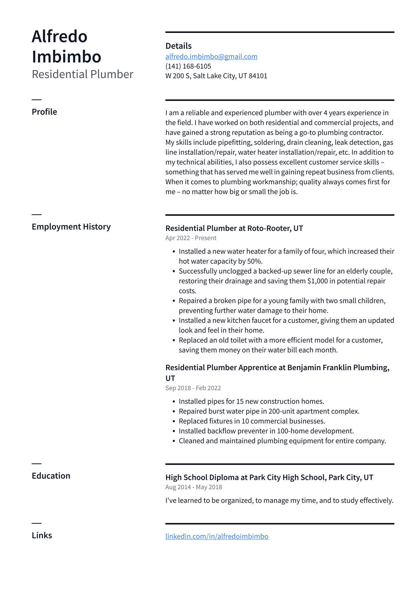 Plumber Resume Example and Writing Guide - ResumeLawyer