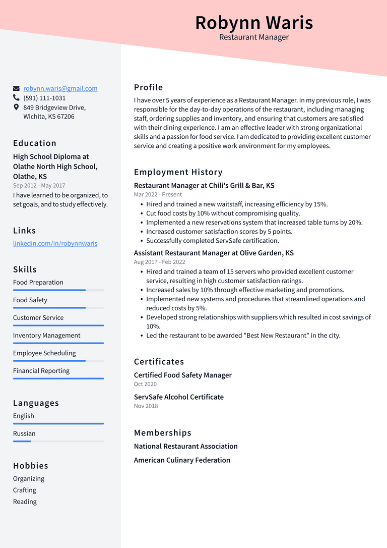 Food Services Manager Resume Example and Writing Guide