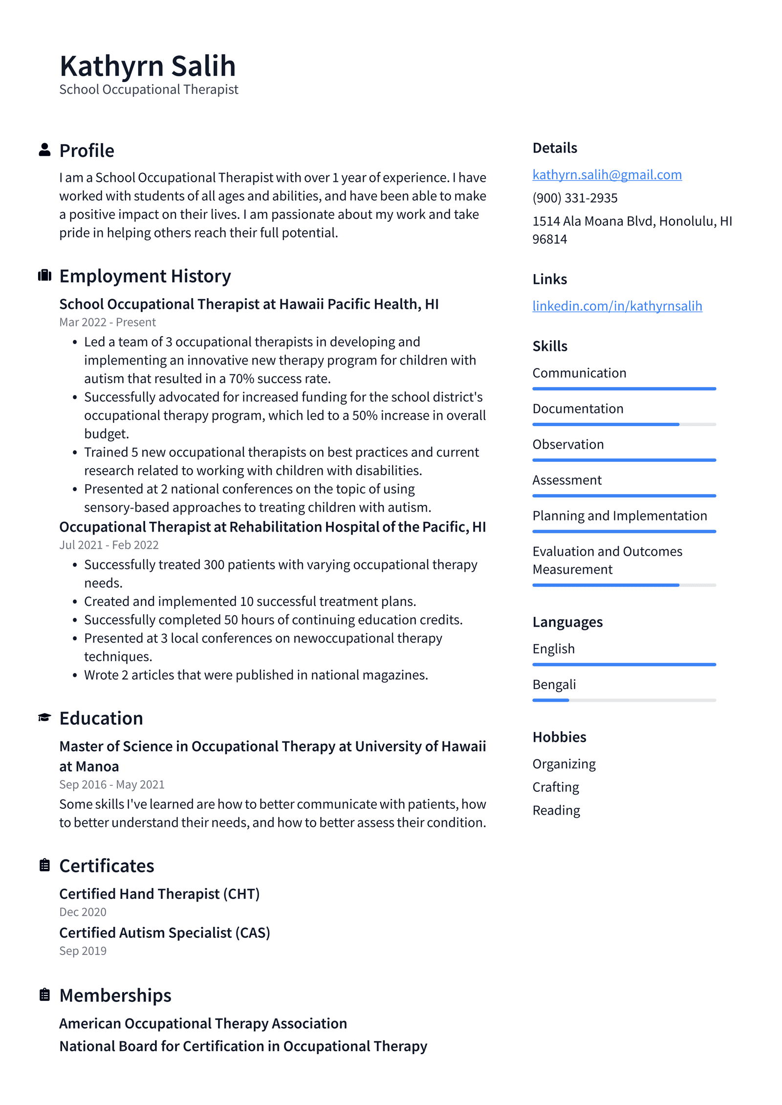 Occupational Therapist Resume Example and Writing Guide