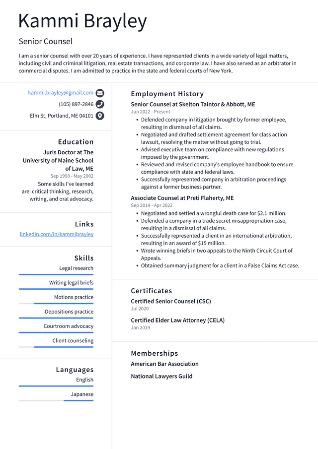Attorney Resume Example and Writing Guide - ResumeLawyer