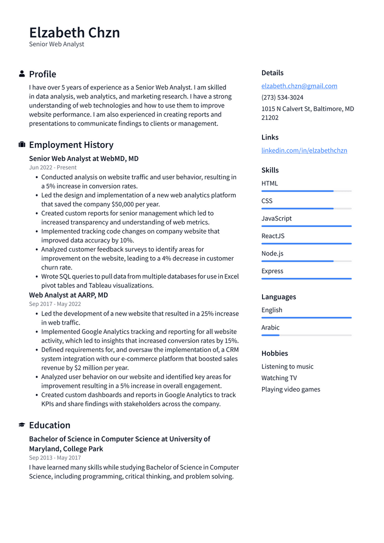 Web Analyst Resume Example and Writing Guide - ResumeLawyer