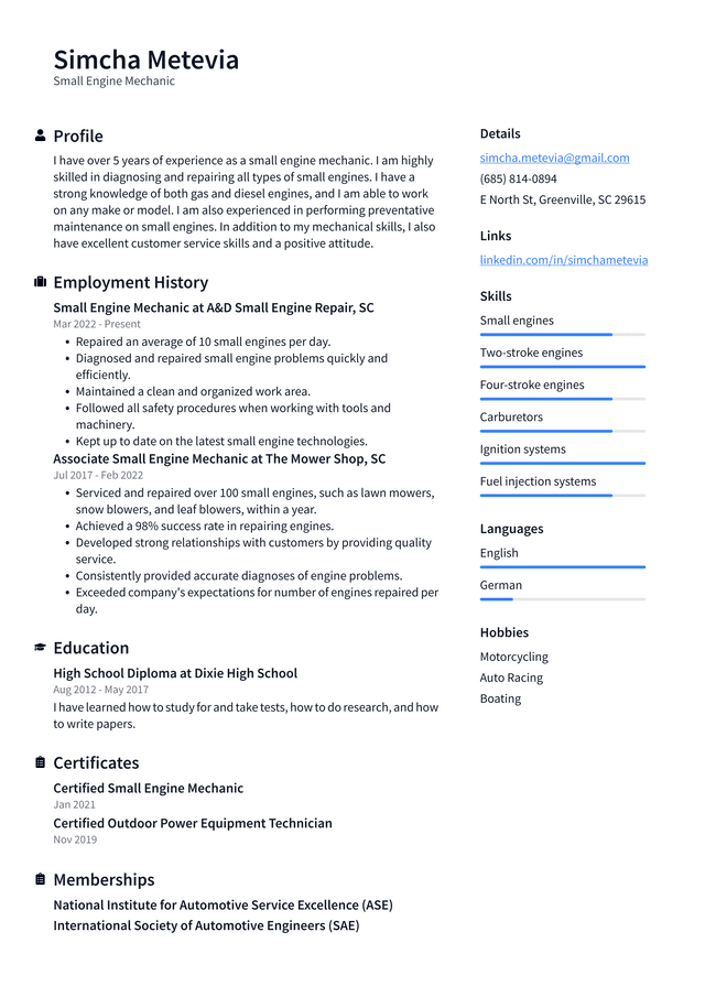 Mechanic Resume Example and Writing Guide - ResumeLawyer