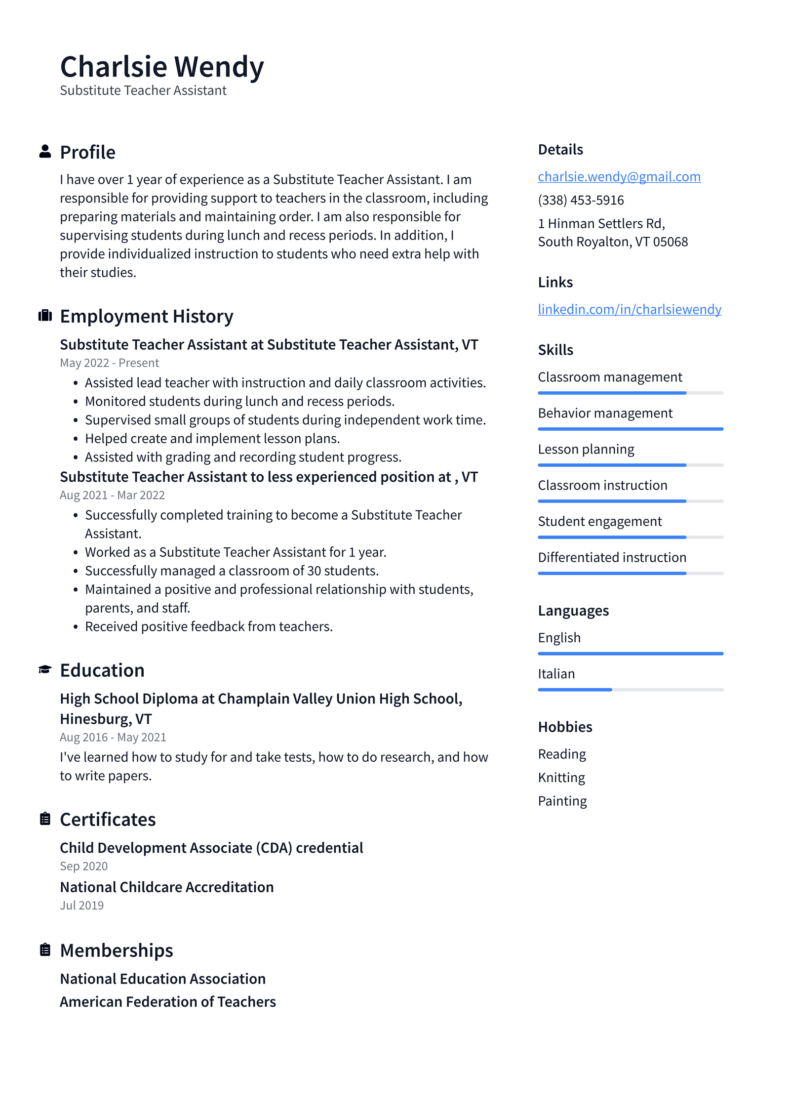 Substitute Teacher Resume Example and Writing Guide - ResumeLawyer