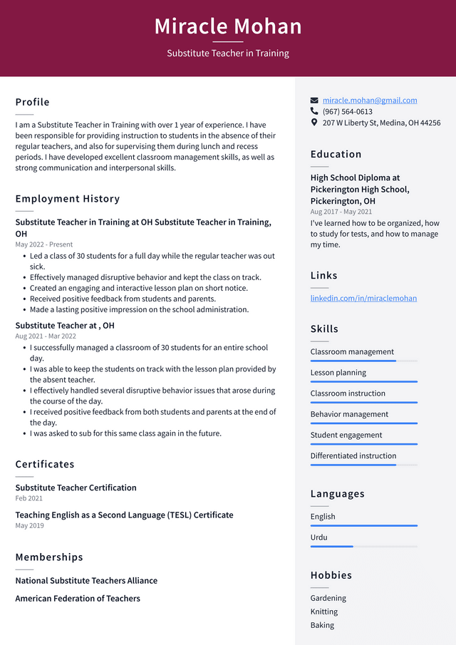 Substitute Teacher Resume Example and Writing Guide - ResumeLawyer