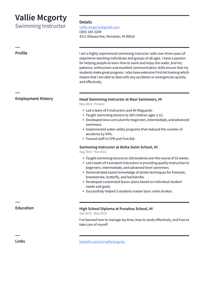 Swimming Coach Resume Example and Writing Guide - ResumeLawyer