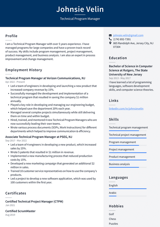 Technical Project Manager Resume Example and Writing Guide