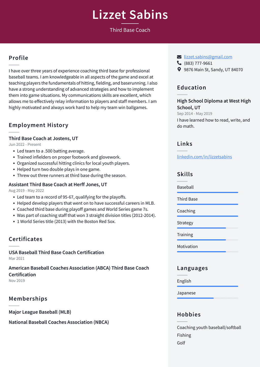 Baseball Coach Resume Example and Writing Guide - ResumeLawyer
