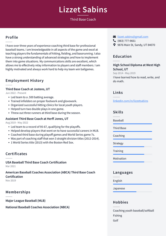Baseball Coach Resume Example and Writing Guide - ResumeLawyer