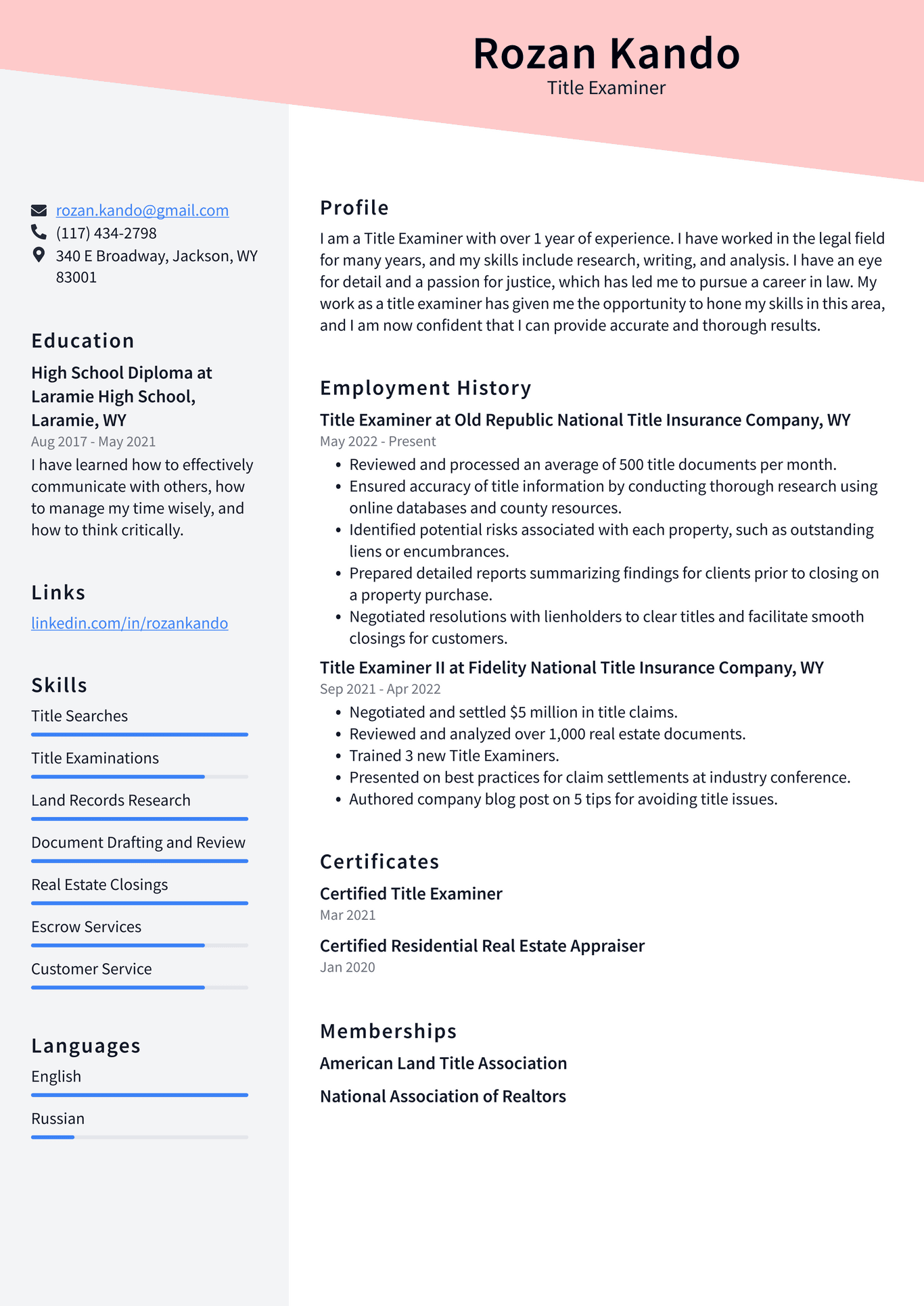 Title Insurance Coordinator Resume Example and Writing Guide - ResumeLawyer