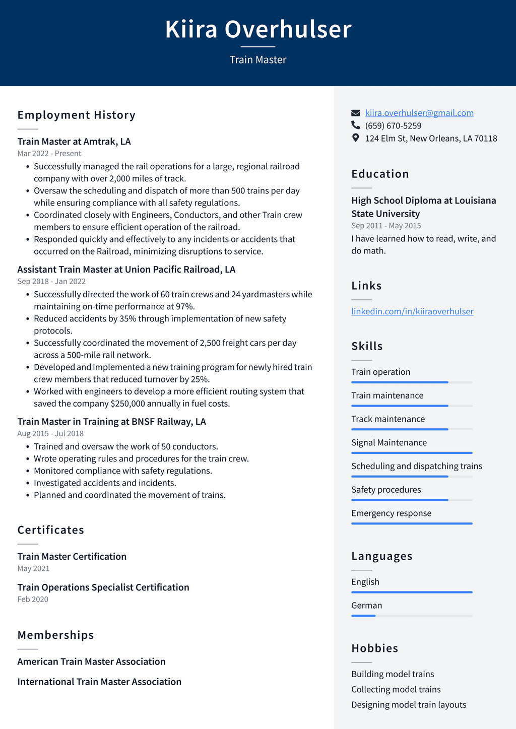 Train Operator Resume Example and Writing Guide - ResumeLawyer