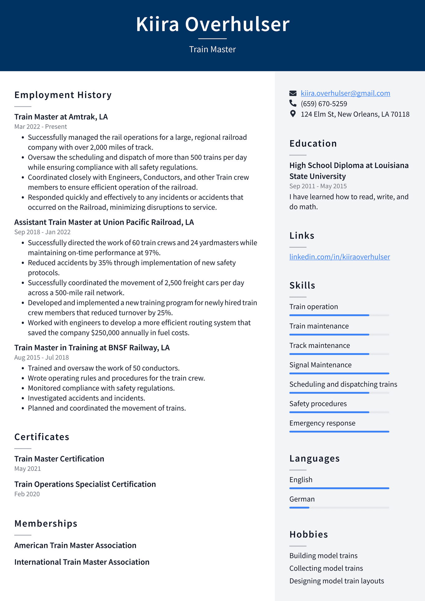 Train Operator Resume Example and Writing Guide - ResumeLawyer