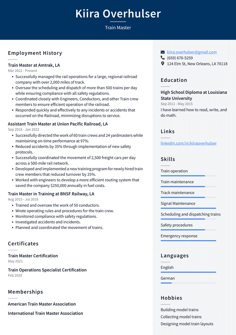 Train Operator Resume Example and Writing Guide - ResumeLawyer