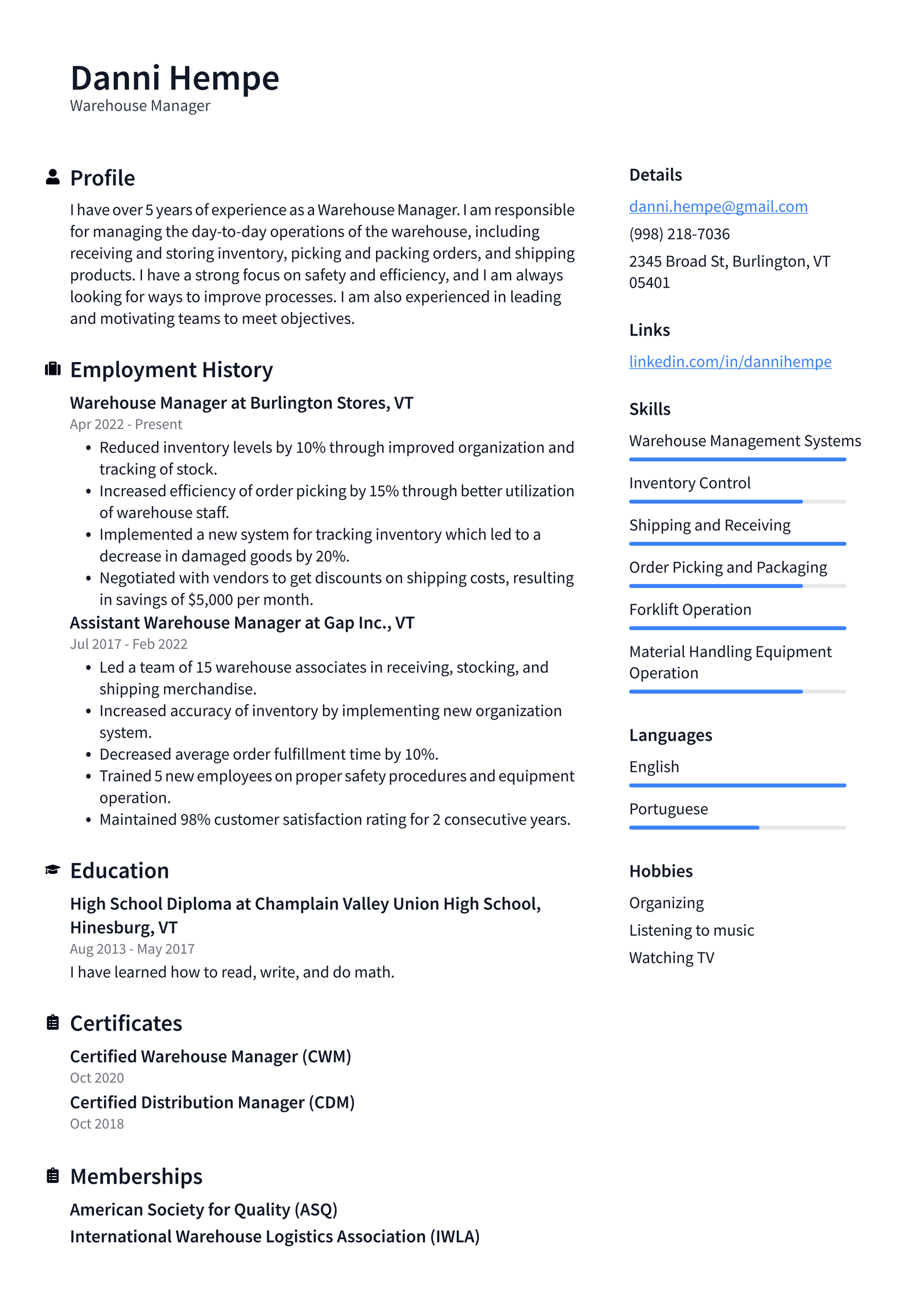 Warehouse Supervisor Resume Example and Writing Guide - ResumeLawyer