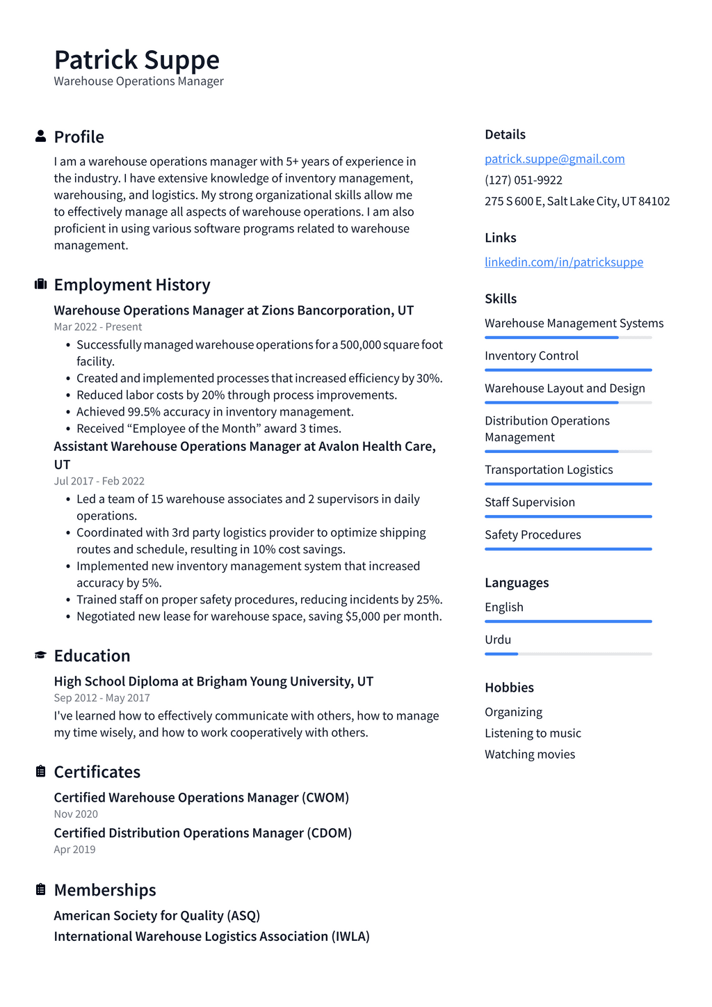 Warehouse Manager Resume Example and Writing Guide - ResumeLawyer