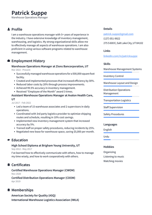 Warehouse Manager Resume Example and Writing Guide - ResumeLawyer