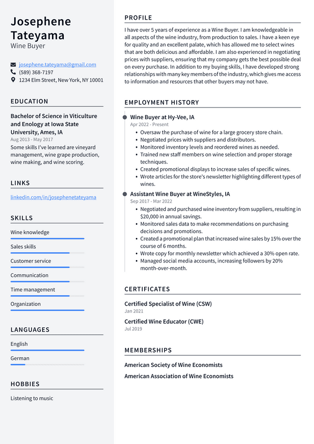 Sommelier Resume Example and Writing Guide - ResumeLawyer