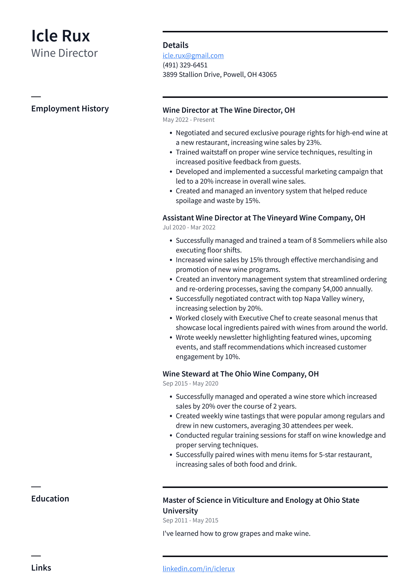 Sommelier Resume Example and Writing Guide - ResumeLawyer