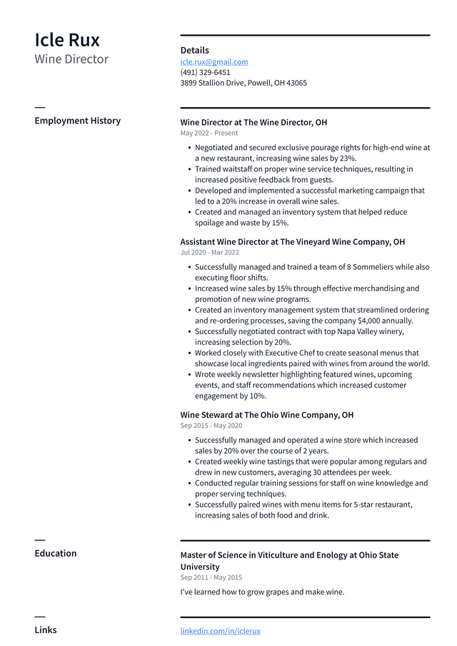Sommelier Resume Example and Writing Guide - ResumeLawyer
