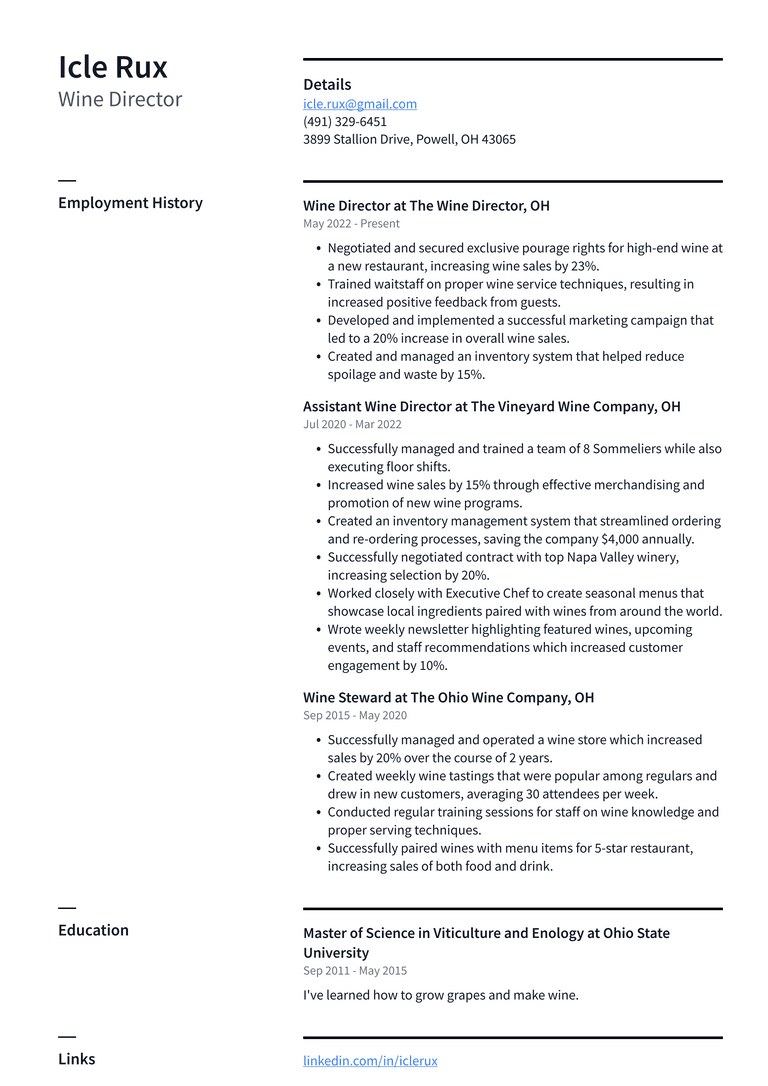 Sommelier Resume Example and Writing Guide - ResumeLawyer